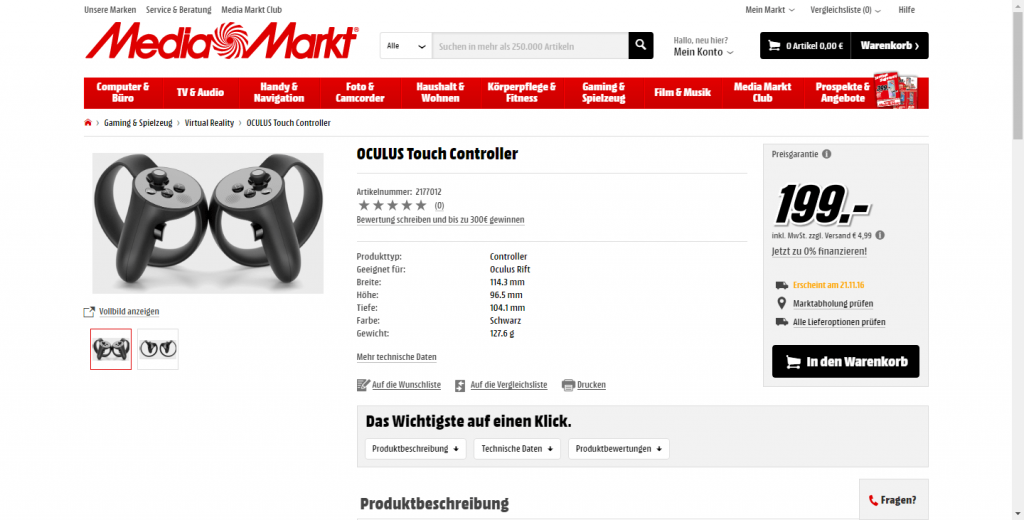 OCULUS Touch Controllers appear in German Media Markt webshop – VR Bites